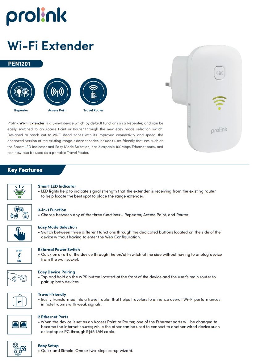 Prolink PEN1201 Wi-Fi Extender - Sala.lk