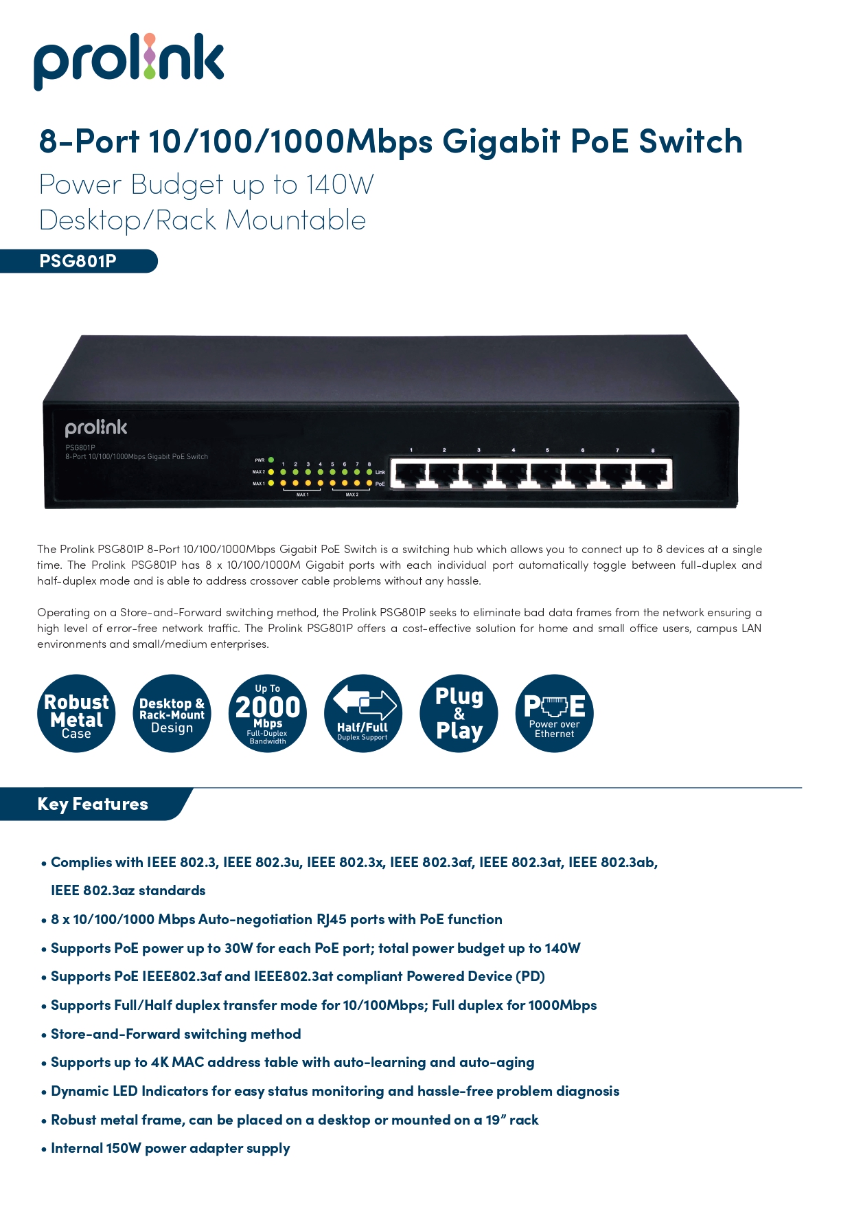 Prolink 8-Port Gigabit PoE Ethernet Switch (PSG801P) - Sala.lk